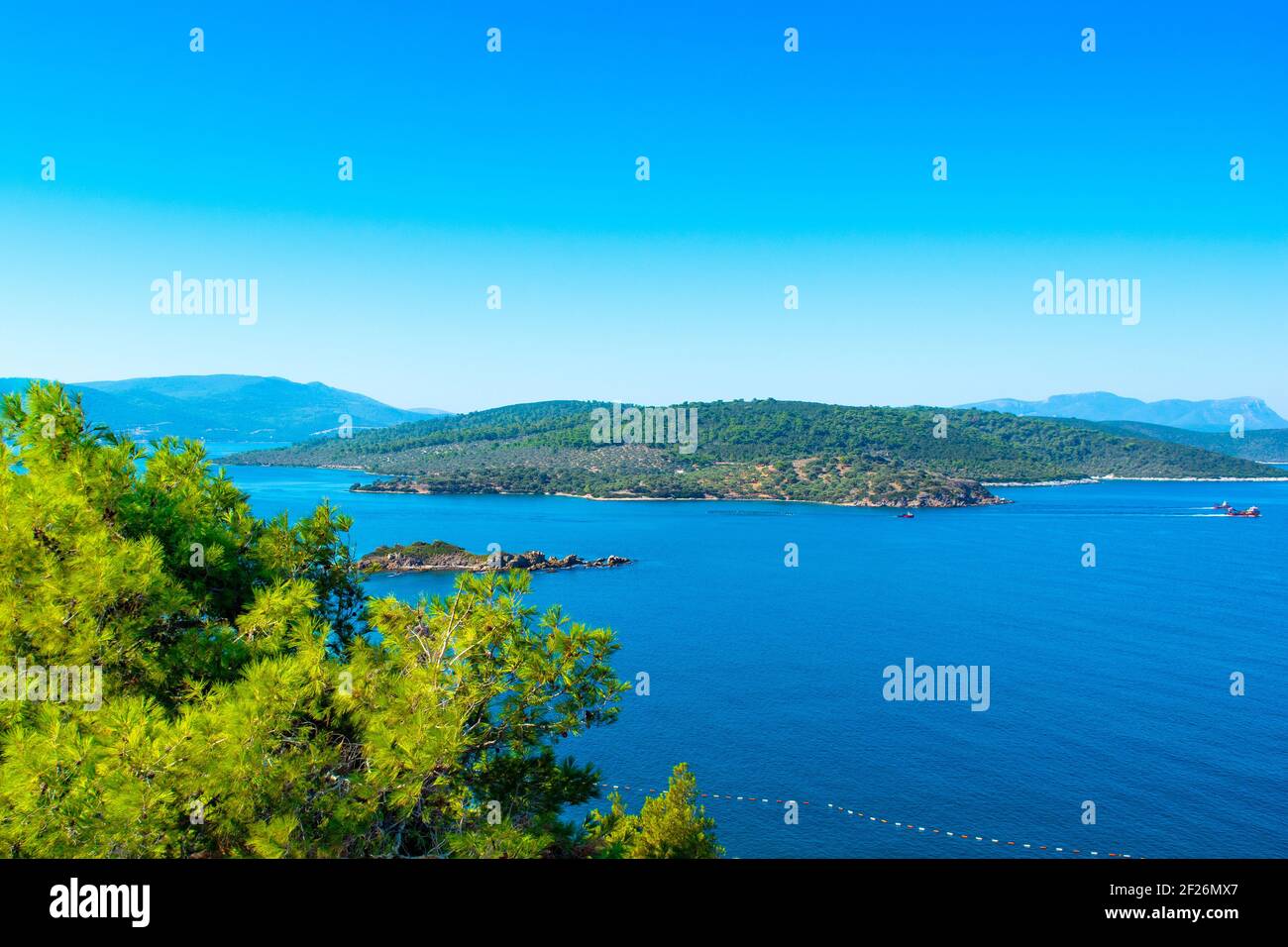 Beautiful Mediterranean landscape with Aegean sea and green hills in ...