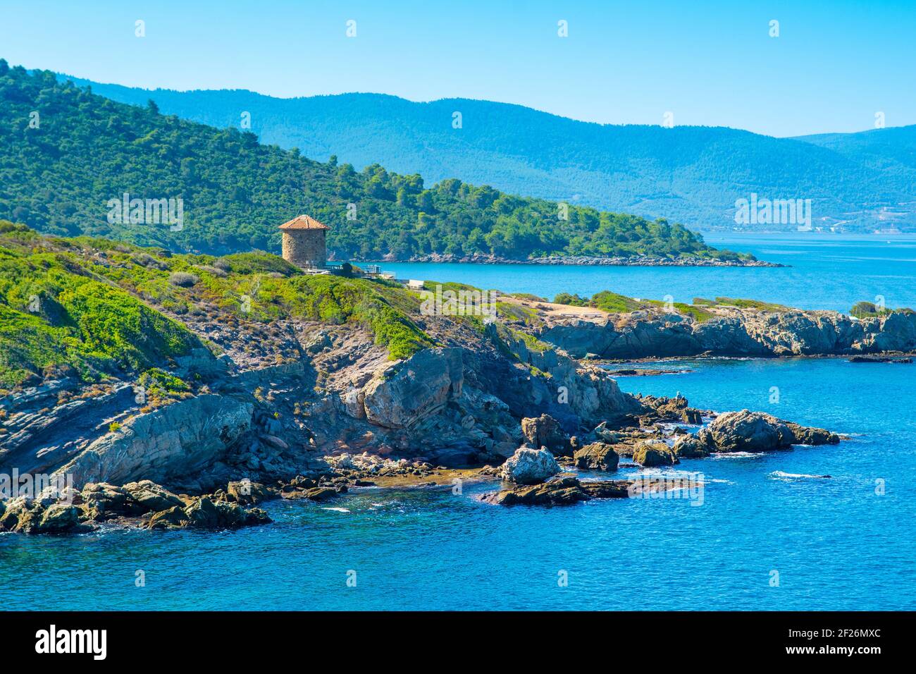 Beautiful Mediterranean landscape with Aegean sea and green hills in ...
