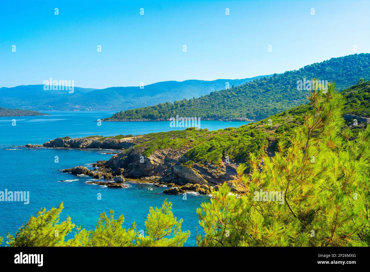 Beautiful Mediterranean landscape with Aegean sea and green hills in ...