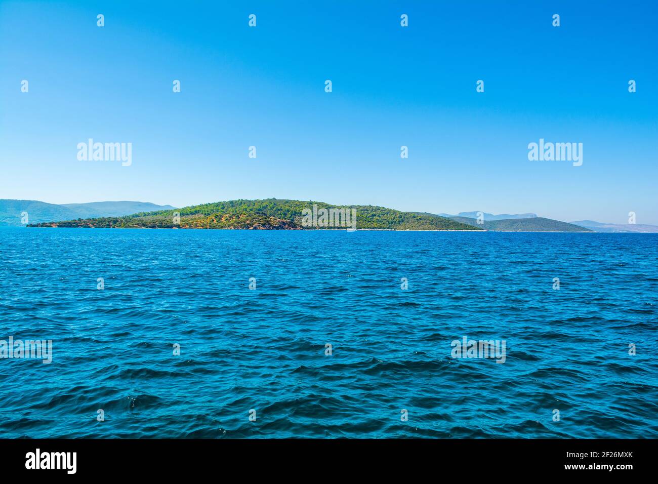 Beautiful Mediterranean landscape with Aegean sea and green hills in ...