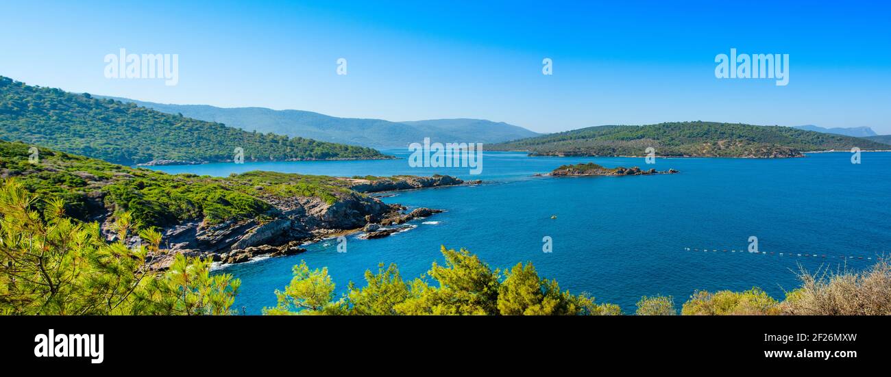 Beautiful panoramic landscape with Aegean sea and green hills in Bodrum ...