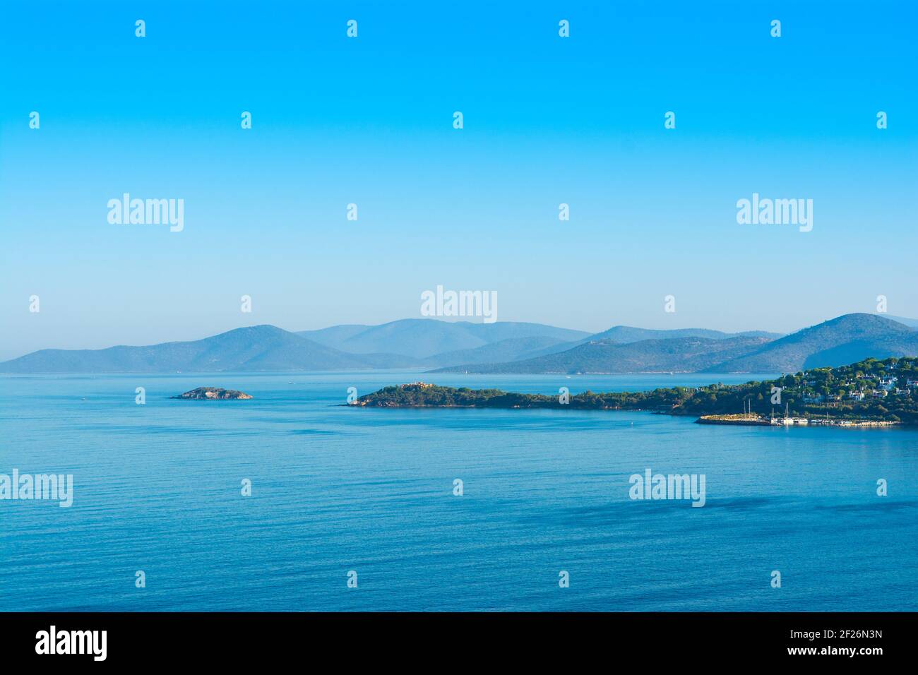 Beautiful Mediterranean landscape with Aegean sea and green hills in ...