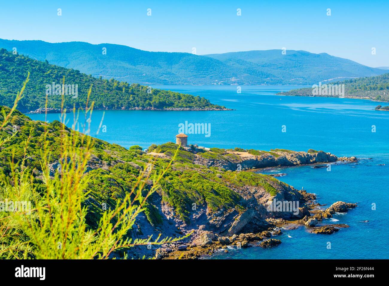 Beautiful Mediterranean landscape with Aegean sea and green hills in ...