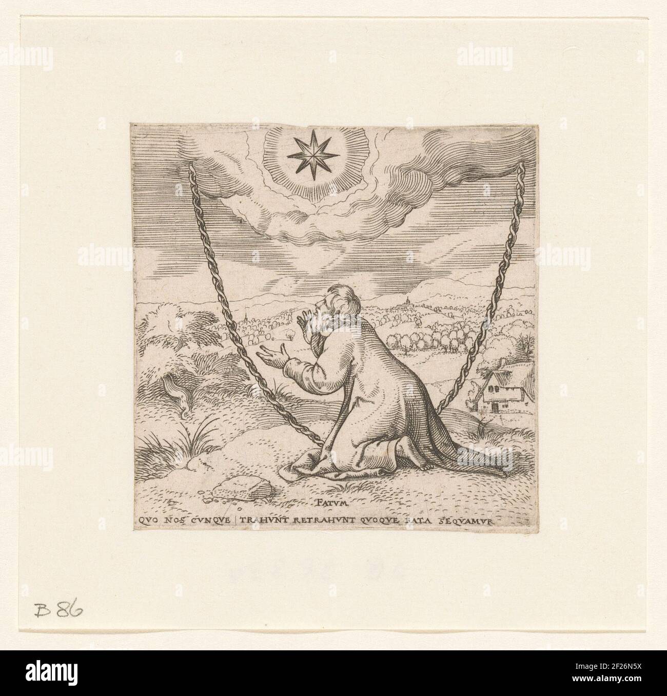 Lot; Fatum; Emblematic figures. A man kneeling in prayer in a landscape ...