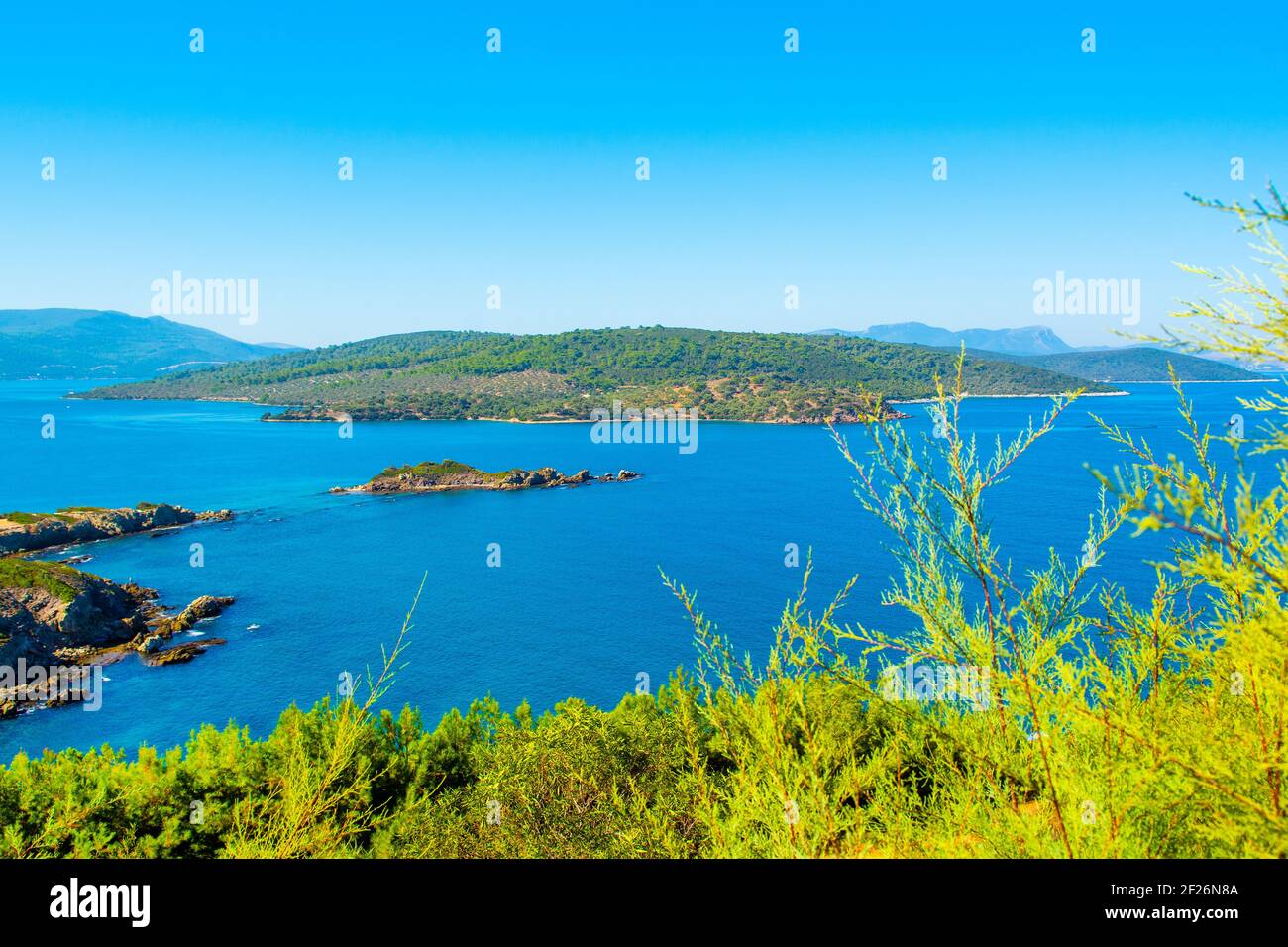 Beautiful Mediterranean landscape with Aegean sea and green hills in ...