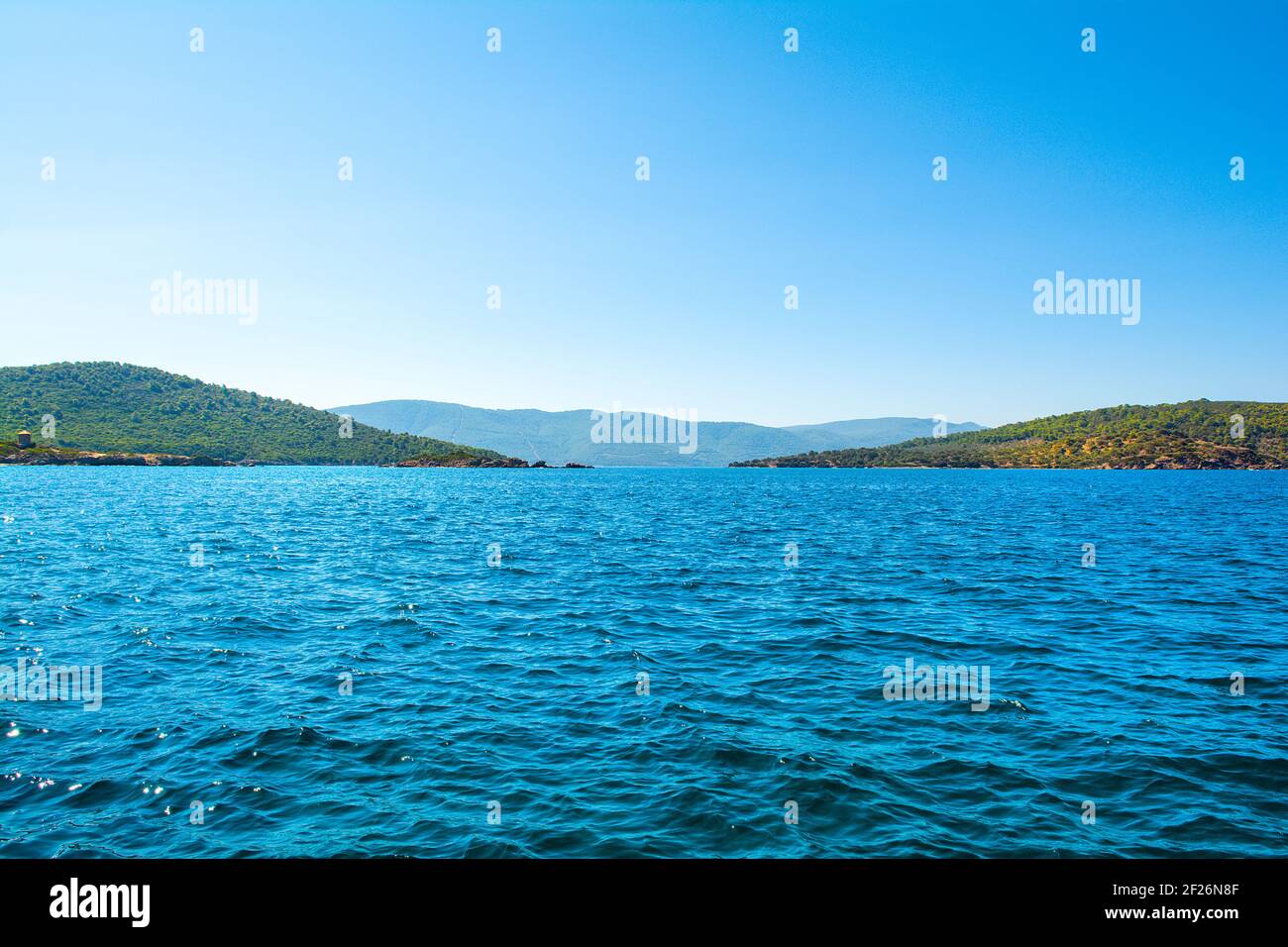 Beautiful Mediterranean landscape with Aegean sea and green hills in ...