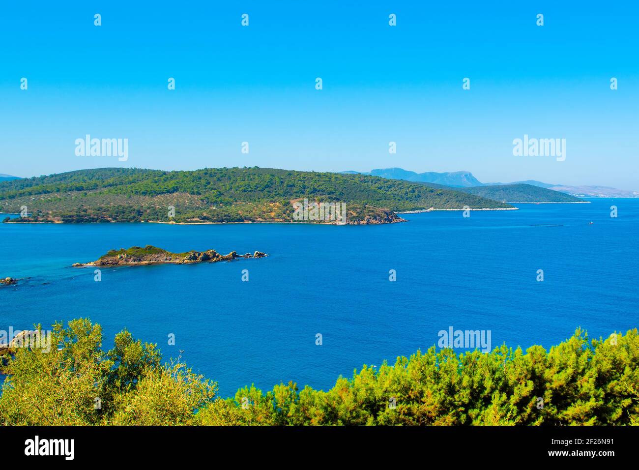 Beautiful Mediterranean landscape with Aegean sea and green hills in ...