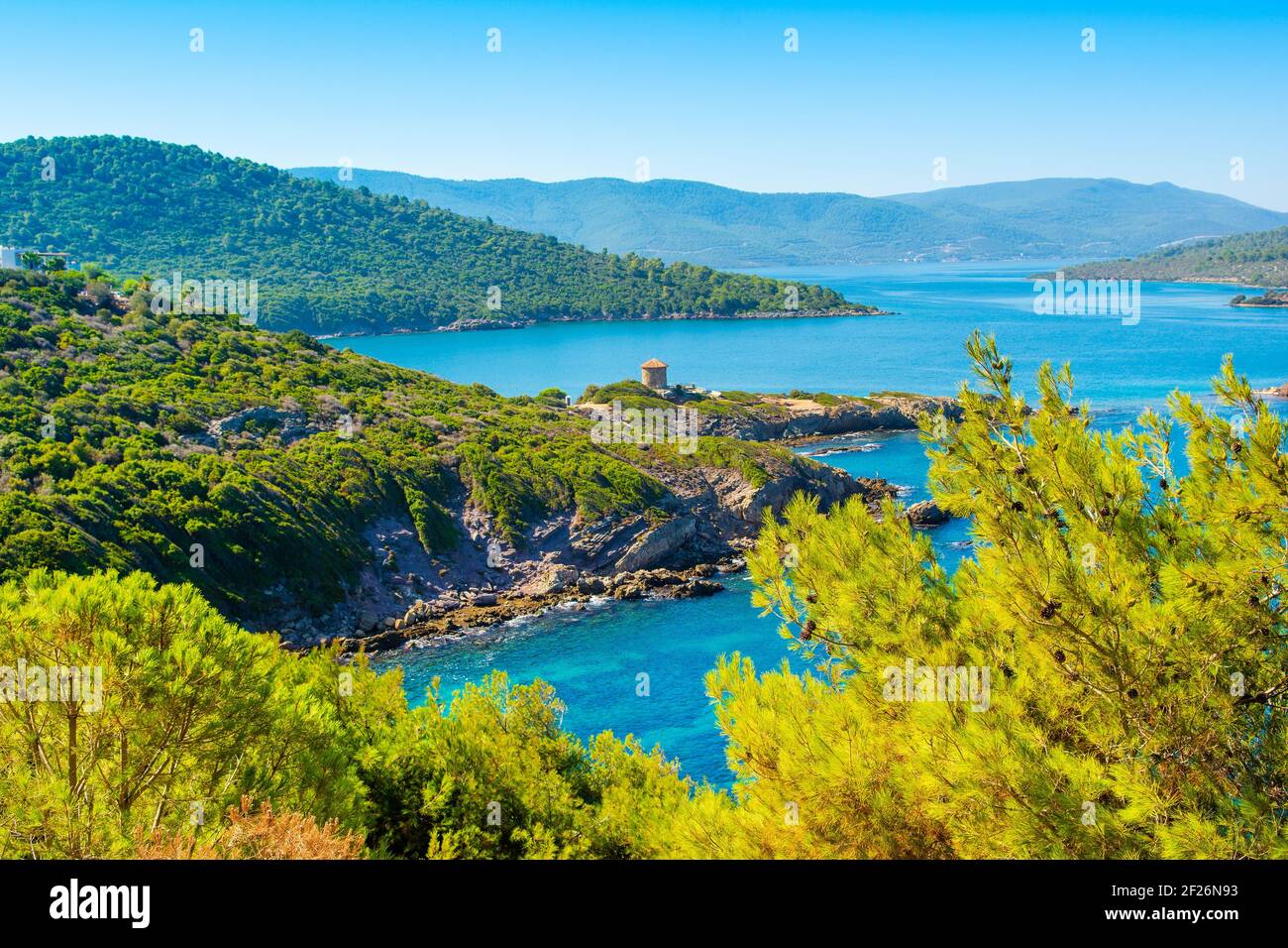 Beautiful Mediterranean landscape with Aegean sea and green hills in ...
