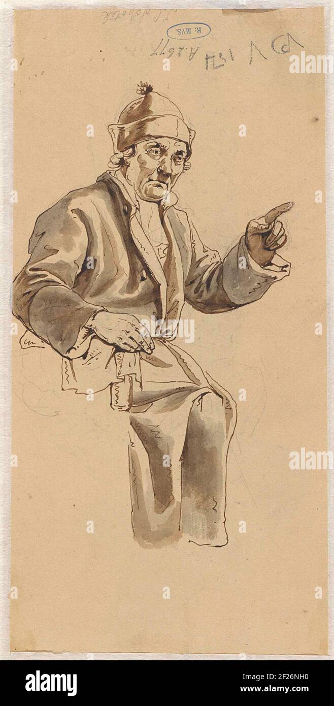 Sitting man with hat pointing to the right Stock Photo - Alamy