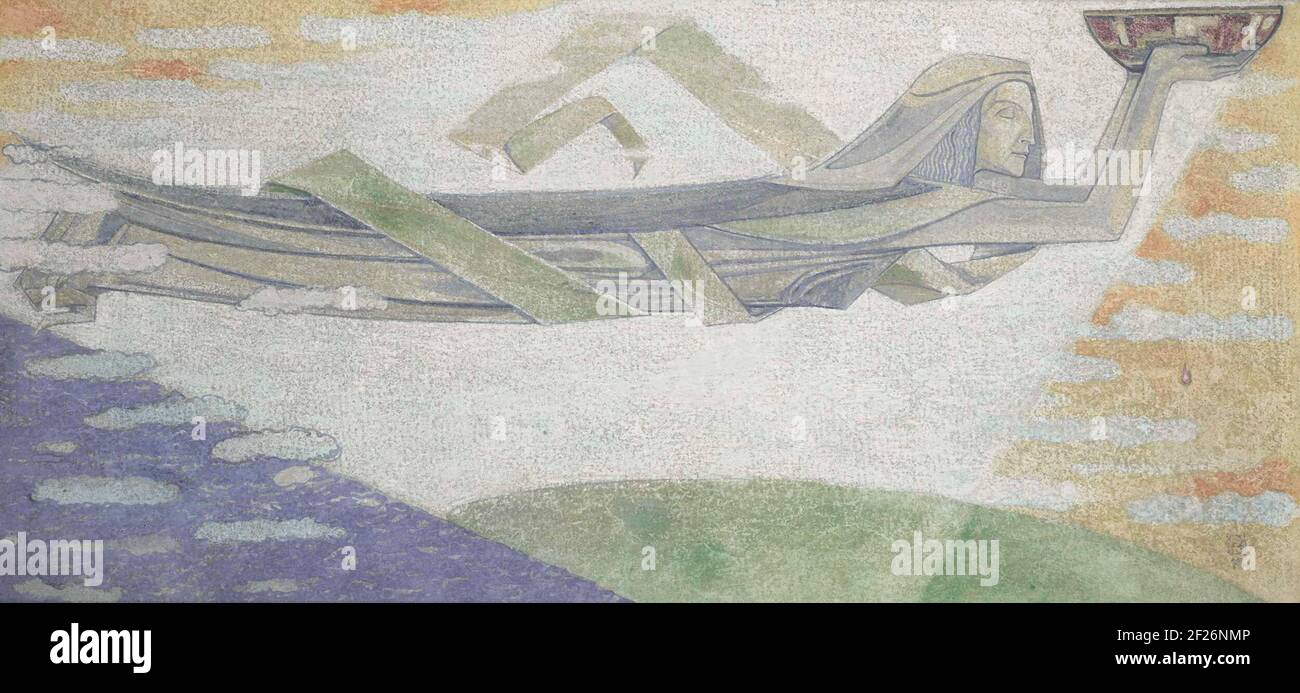 The Hours.A horizontal to the right floating woman's figure with a bowl ...