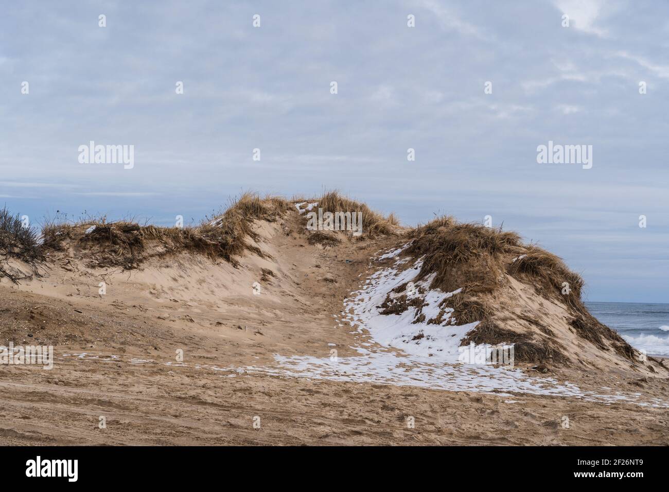 Closeup of the sand dunes in Montauk during the Winter, with some snow ...
