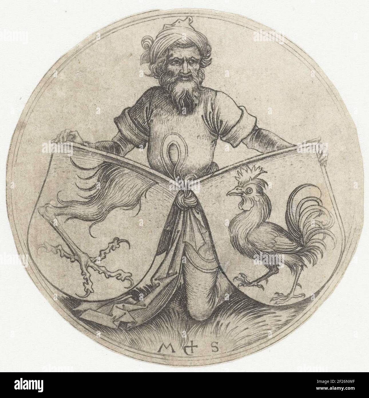 Coats of arms with a rooster and the leg of a griffin, held by an ...