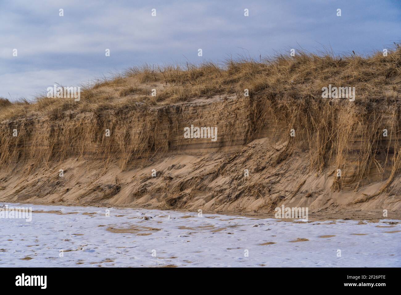 Close up of the sand dunes in Montauk, with snow covering the sand ...