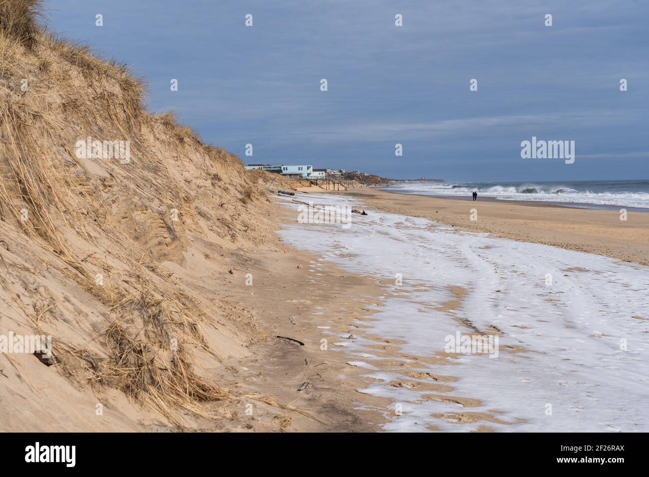 The beach in Montauk during the Winter, with snow covering part of the ...