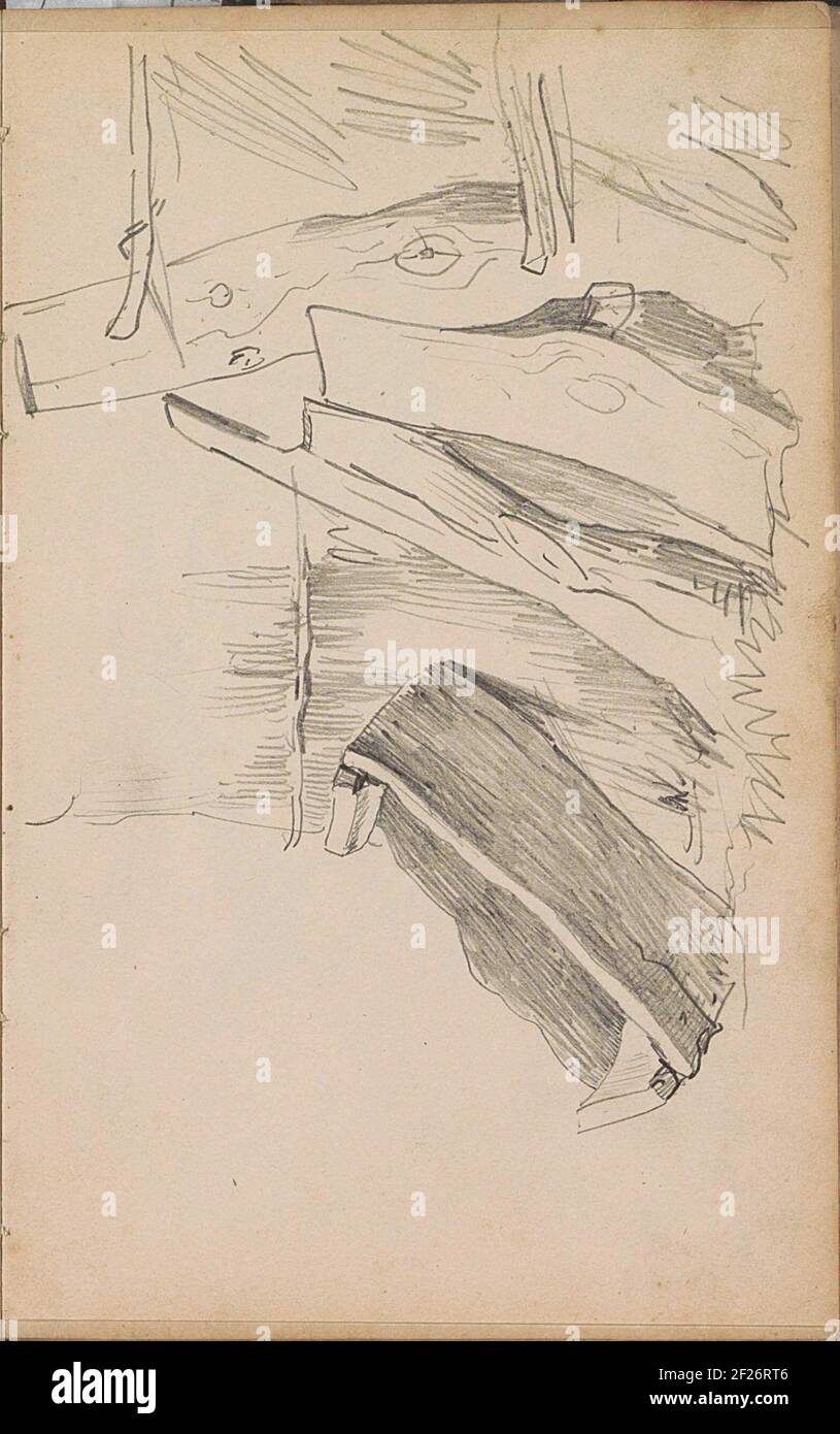 Wooden coffin against a tree trunk.Leaf 4 recto from a sketchbook with ...