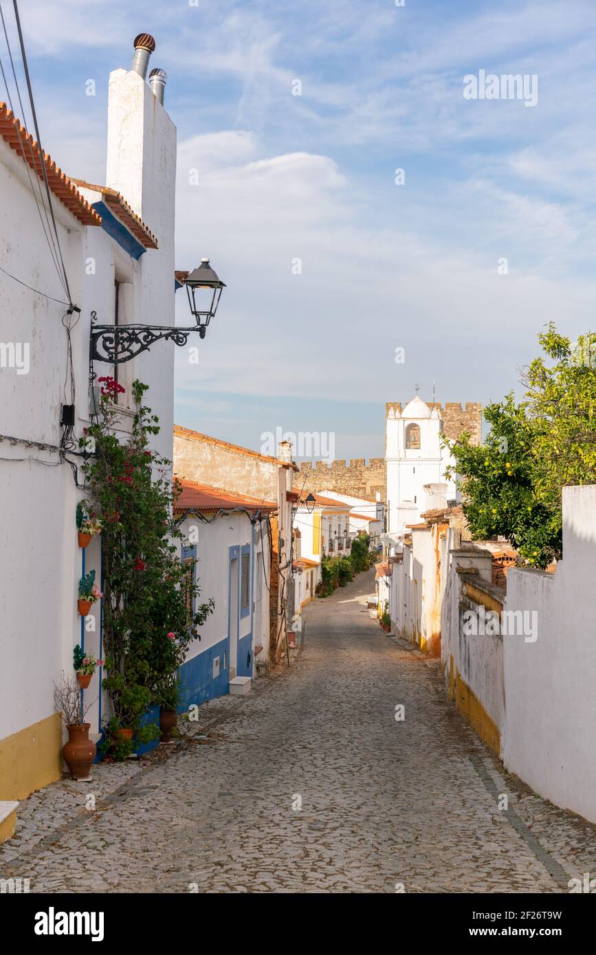 Traditional houses and castle on the Alentejo village of Terena, in ...