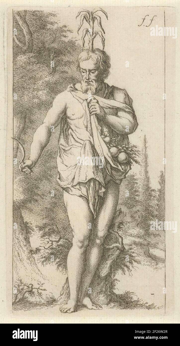 Priapus, fertility god and guardian of gardens, in a landscape. In his ...