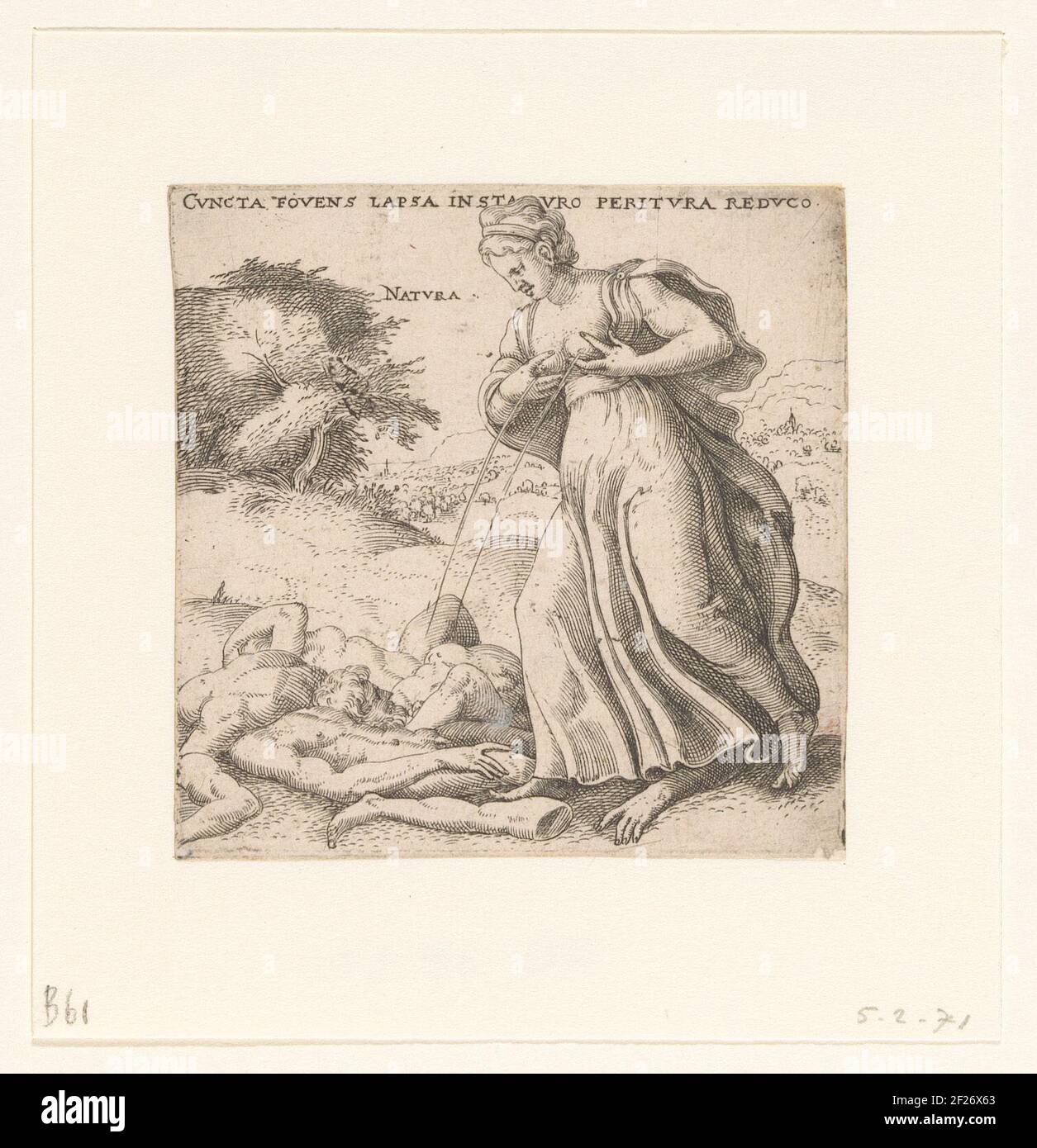 Nature; Natura; Emblematic figures. At the top a line of text in Latin ...