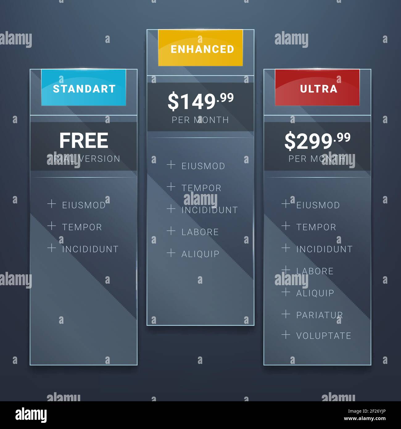 Glass pricing table vector template. Tariff and buy, offer commercial ...