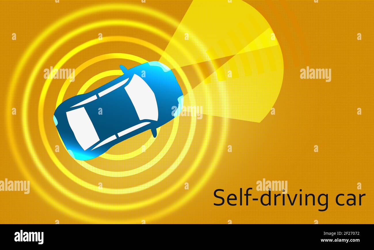 A self-driving autonomous car concept with a car icon on a yellow ...