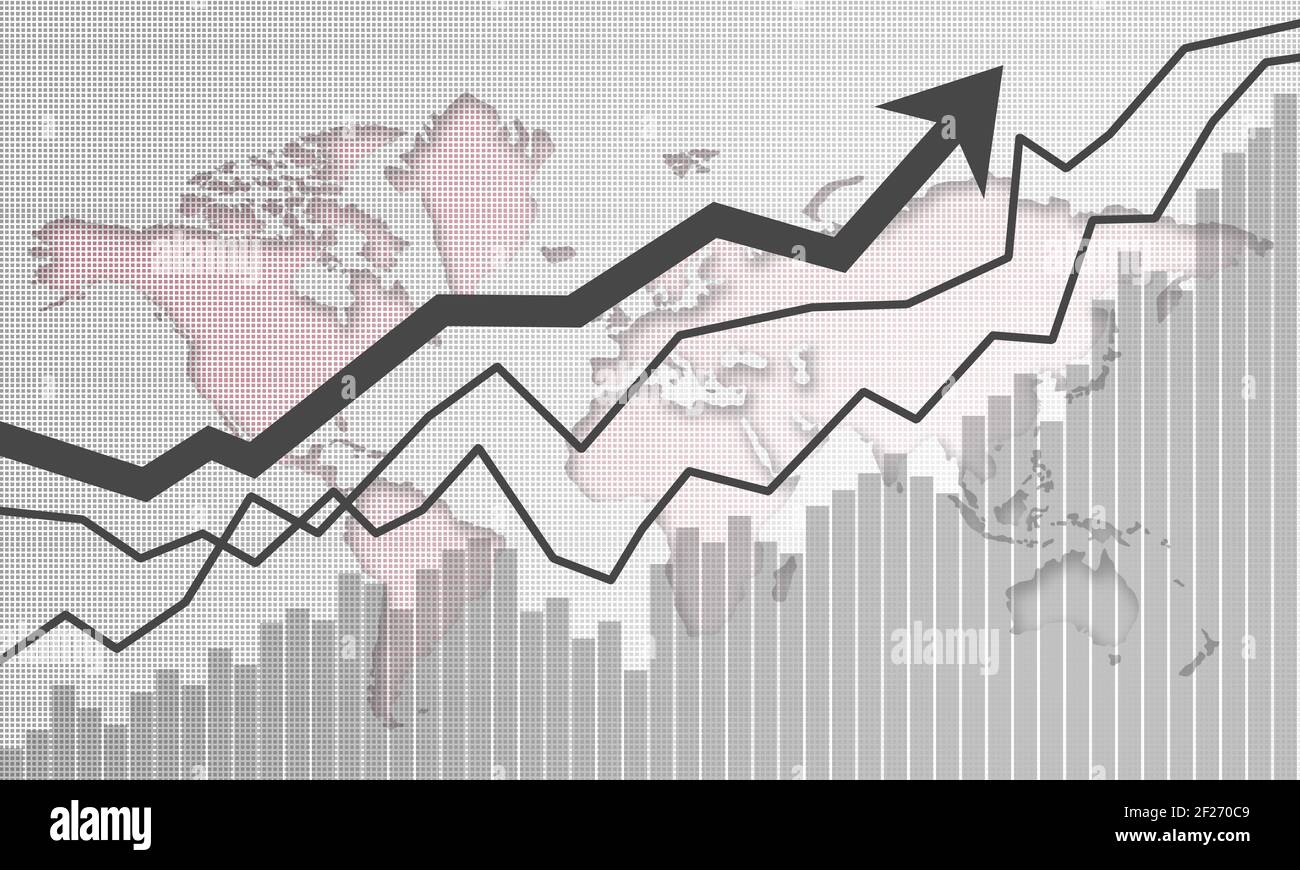 A growing line chart of stock market investment trading on a world map ...