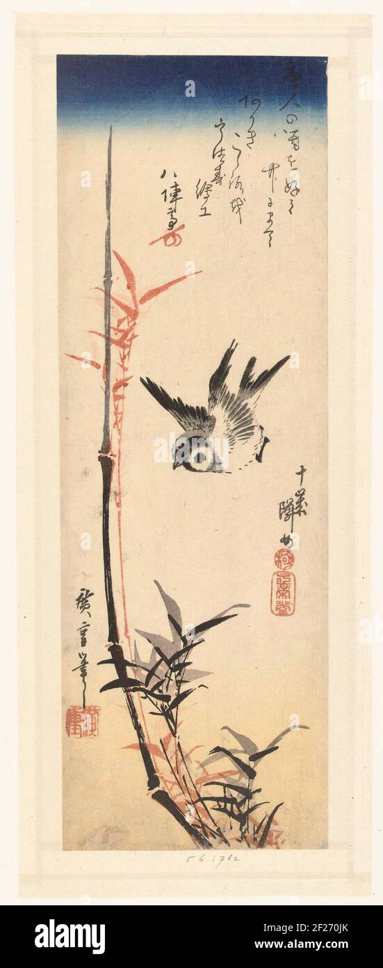 Bamboo and sparrow flying at shooting bamboo; At the top right a poem ...