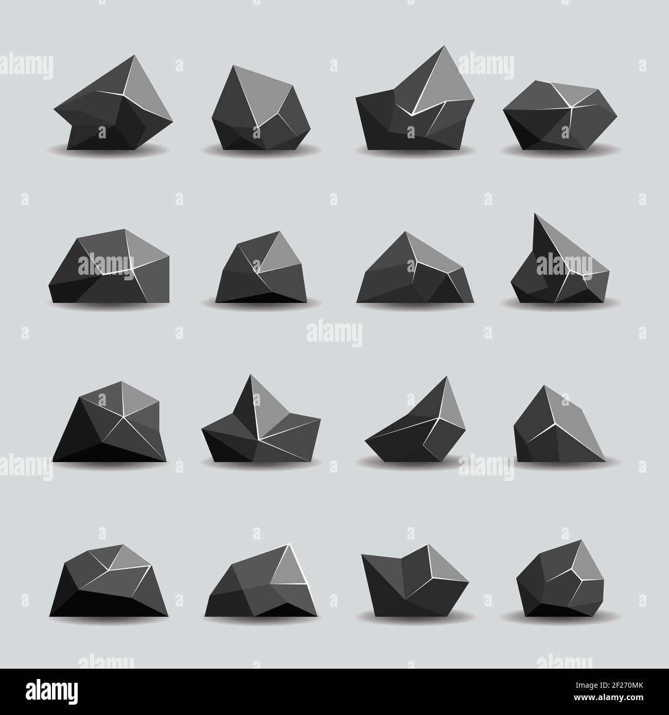 Black polygon stone and poly rocks. Geometric crystal, polygonal object ...