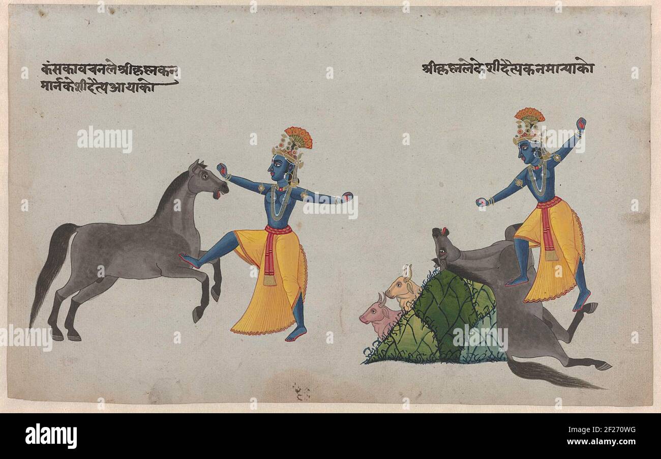 Krishna vecht met paard-demon Keshi.On the left gives Krishna with ...