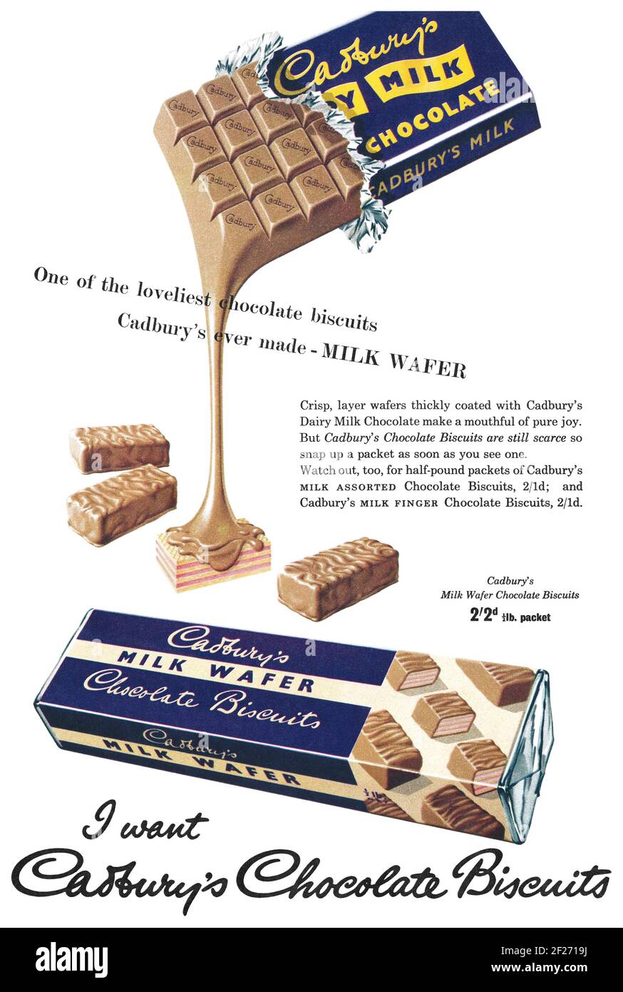 1954 British advertisement for Cadbury's Milk Wafer chocolate biscuits ...
