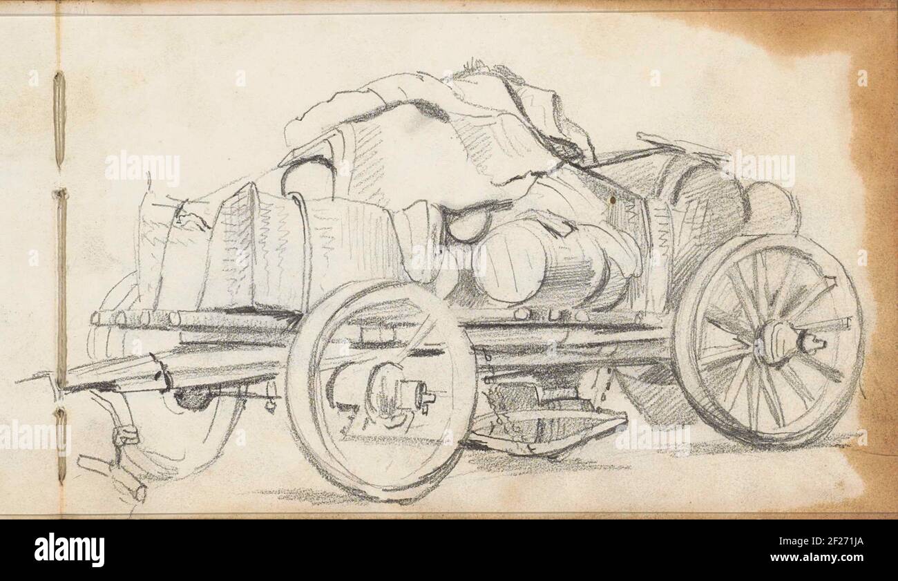 Cart with four wheels, loaded with bags and tons.Leaf 3 recto from a ...
