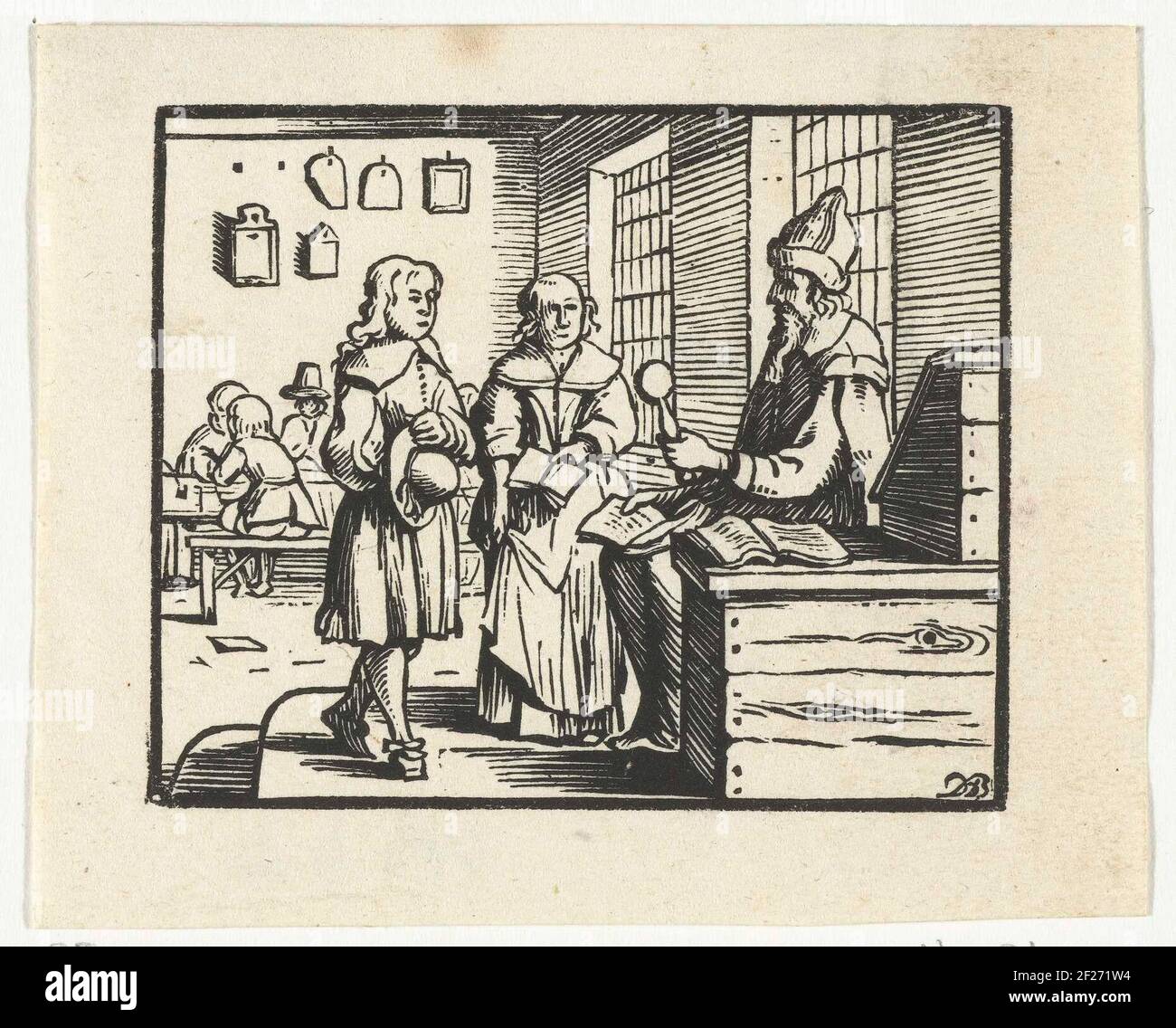 Schoolmeester.A schoolmaster is at his table and heard the student and ...