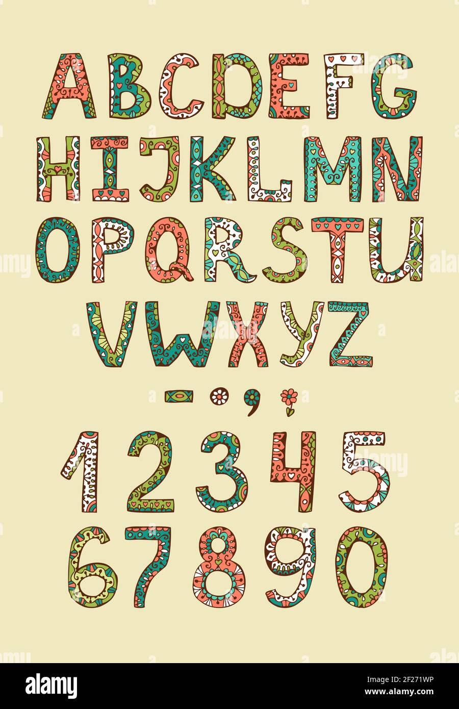 Hand drawn alphabet ABS letters with colored decorative ornament Stock ...