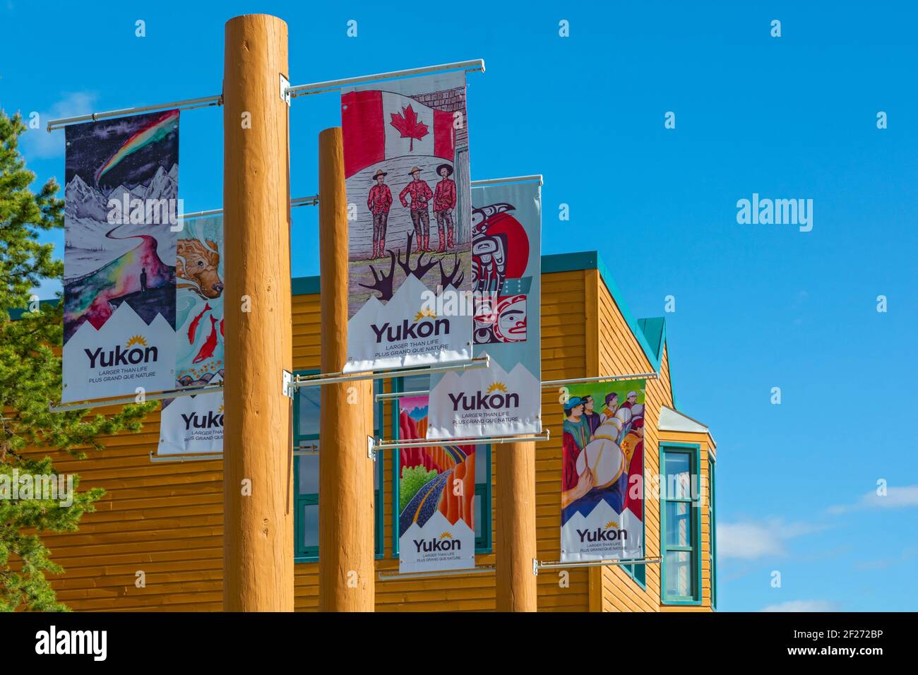 Canada, Yukon, Whitehorse, Yukon Visitor Information Centre, banners ...