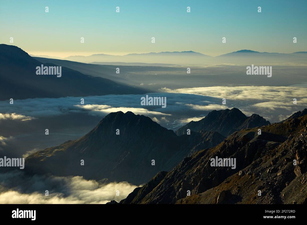 Early morning inversion layer of low cloud over Mt Cook VIllage, Aoraki ...