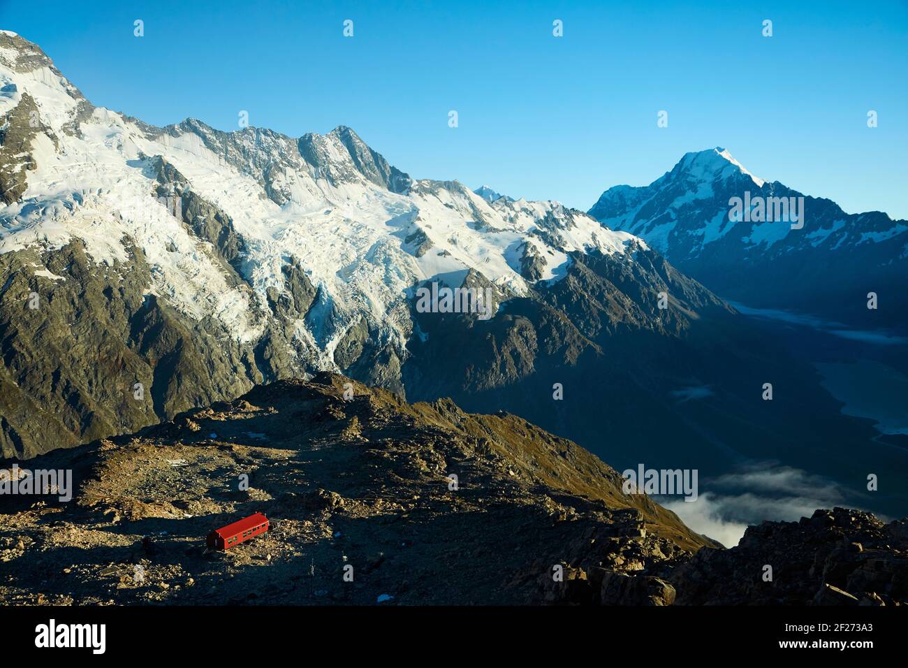 Mt Sefton (left), Aoraki / Mt Cook (right), and Mueller Hut, Sealy Range, Aoraki / Mount Cook ...