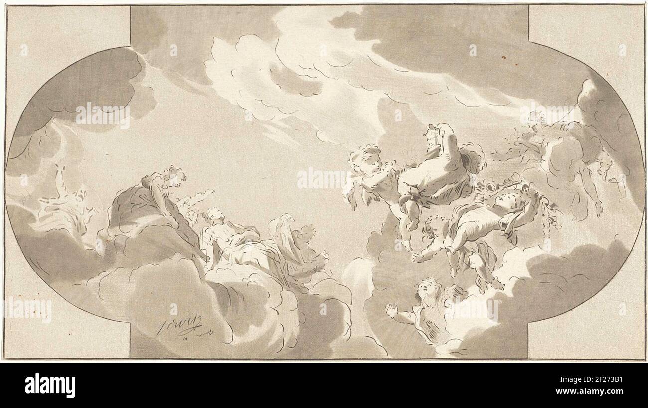Plafondontwerp met putti.Ceiling design with gods on the clouds and ...
