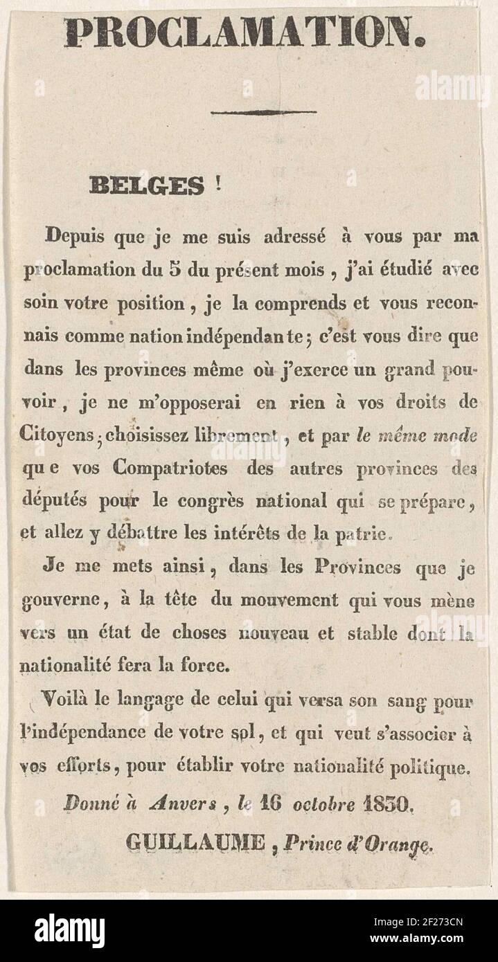 Proclamatie van de prins van Oranje, 1830; Proclamation.Proclamation of ...