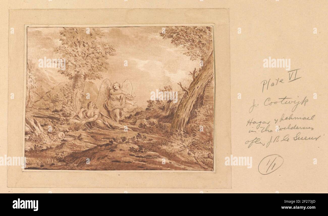 Hagar in de woestijn.Hagar is on the floor in a mountainous landscape ...