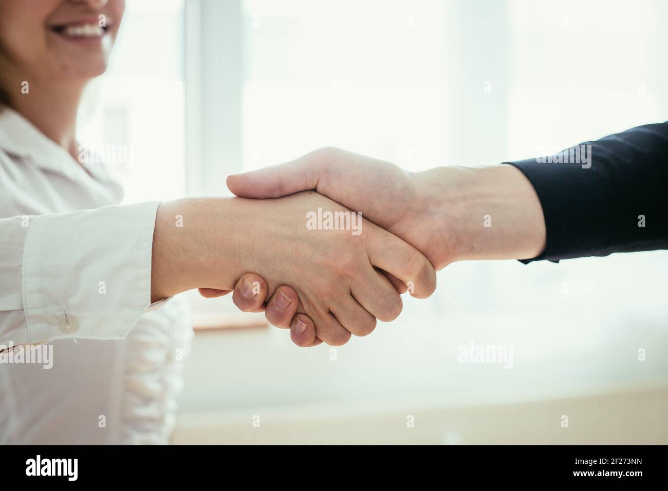 Shaking hands, concept for teamwork: Close up of man and woman shaking ...