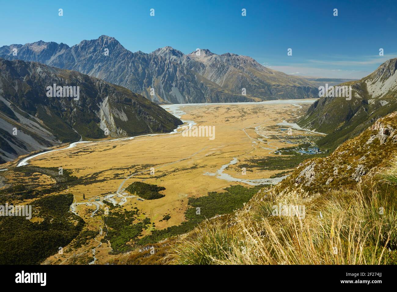 View from track to Sealy Tarns and Mueller Hut, Aoraki / Mount Cook National Park, South Island ...