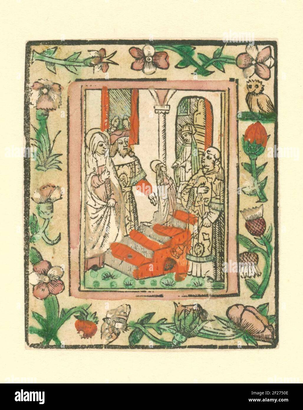 De eerste tempelgang van Maria; Leven van Maria.Mission of Maria in the temple with a priest and ...