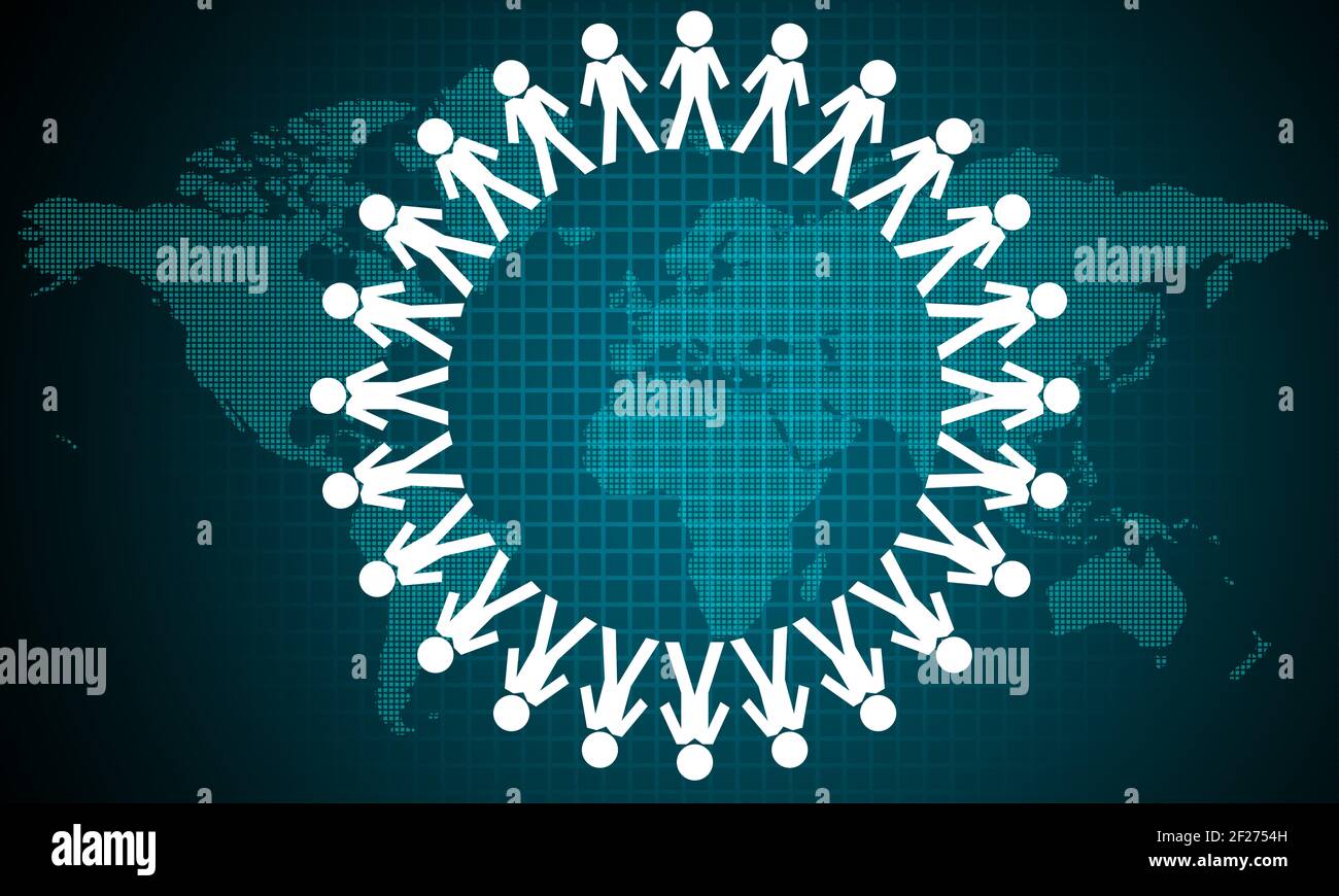 A group of people in a circle form with the world map as background ...