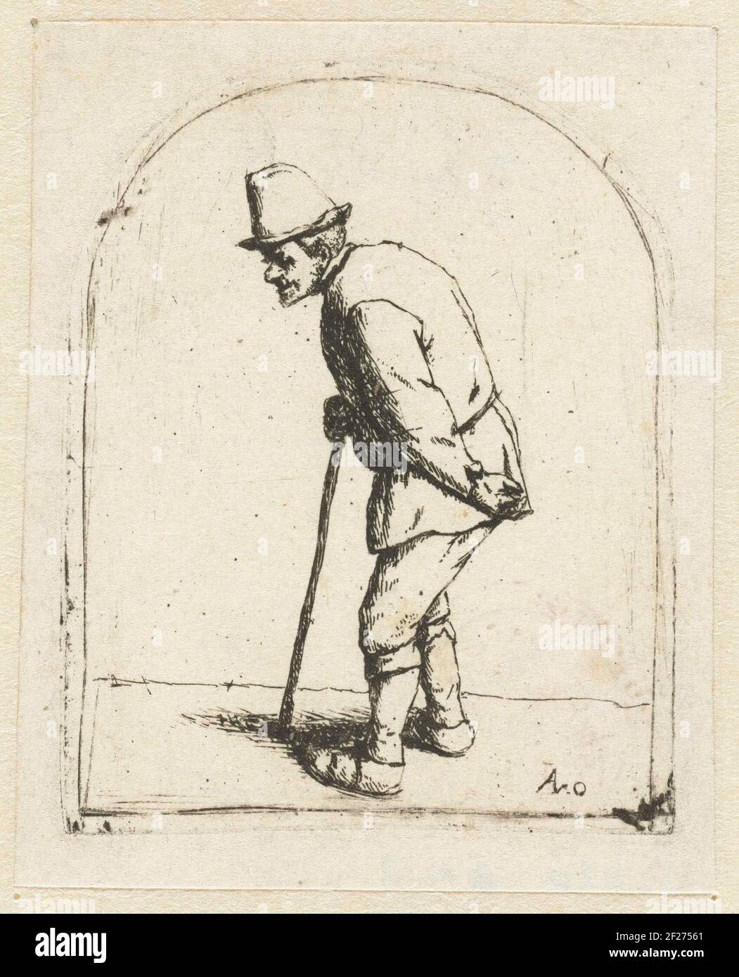 Gebochelde boer.Man with humpback back and leaning on a stick Stock ...