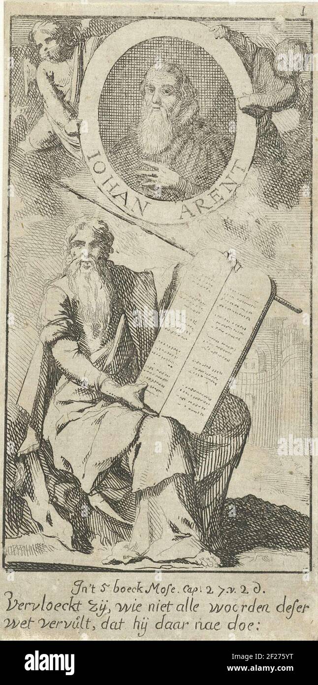 Moses with the tables of the law, supporting his knee. Above Moses ...