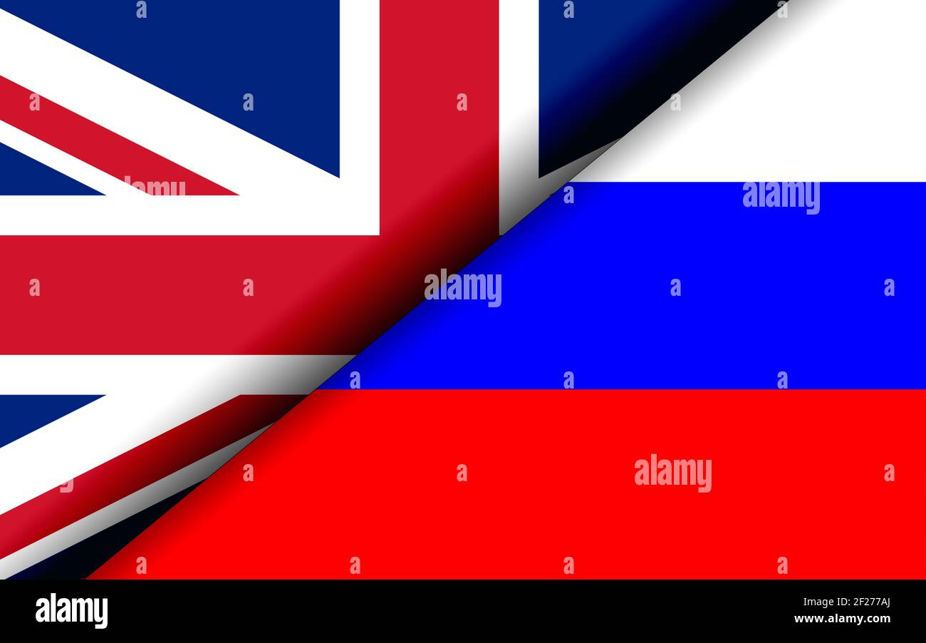 A 3d rendering of the United Kingdom and Russia National Flags divided ...