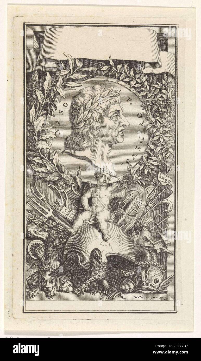 Title page with an empty cartouche. In the middle a laurried medallion ...