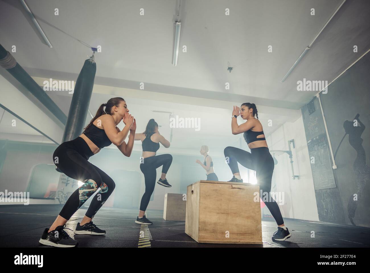 Fitness group of strong women having cross-functional training in the ...