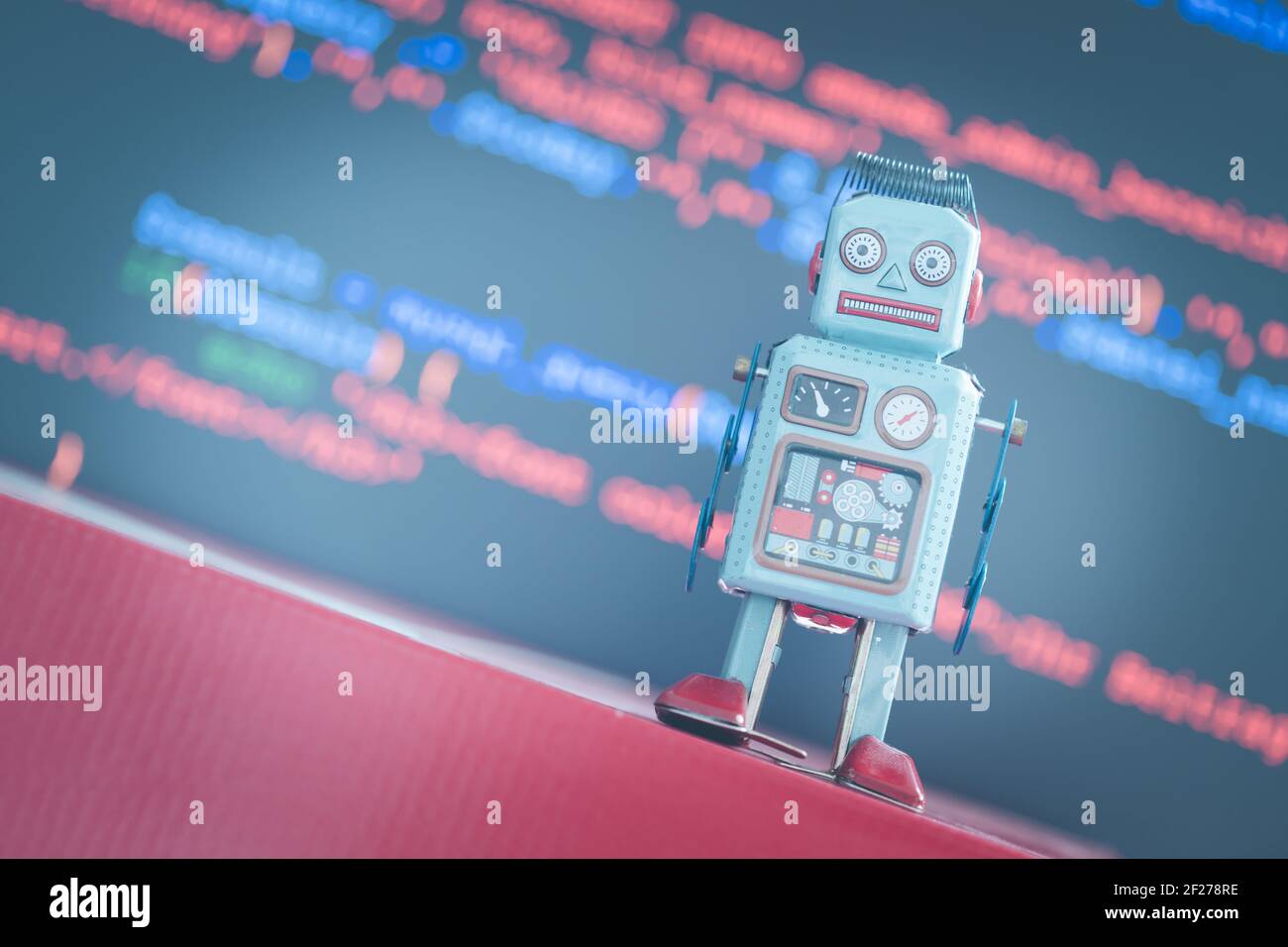 Symbol for a chatbot or social bot and algorithms, program code in the background Stock Photo ...