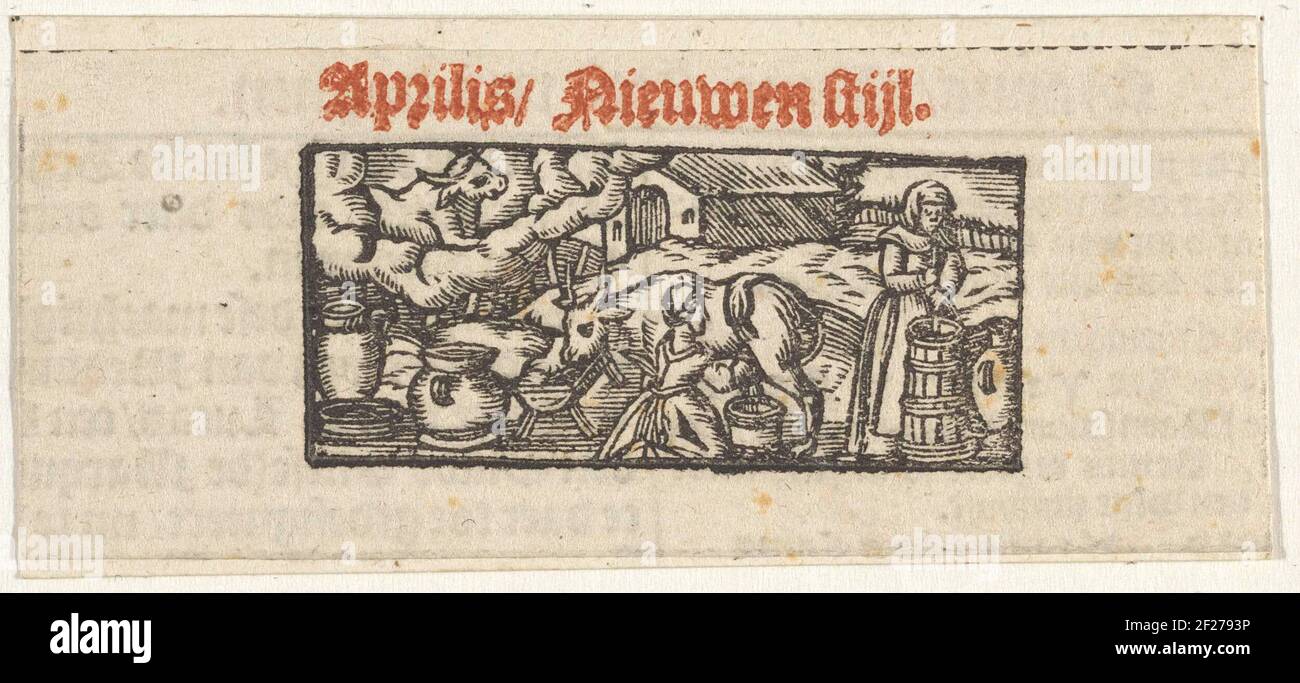 April; Months of the year.Two Women Cows Mimking. Above a bull Stock ...