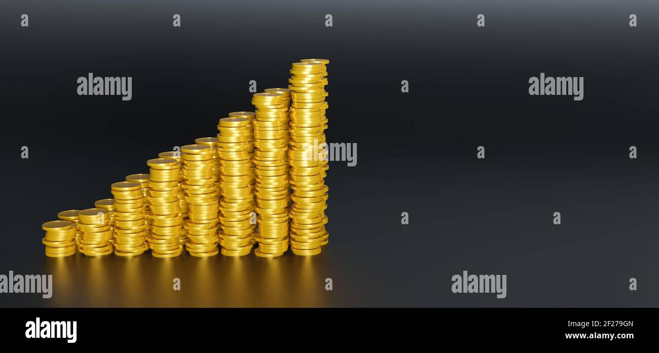 rising mountain of gold coins on black background with space for text ...